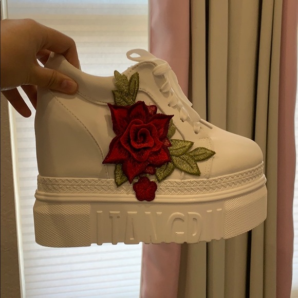 Shoes | White Rose Embroidered Platform Sneakers | Poshmark